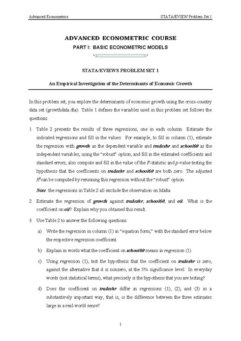Stata Eview Problem Set ADVANCED ECONOMETRIC COURSE PART I BASIC ECONOMETRIC MODELS Studocu