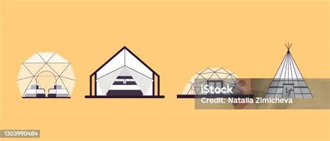 글램핑 하우스의 컬렉션 여름 컨트리 하우스와 프레임 코티지 알파인 샬레 캠핑 산악 주택 만화 스타일 평면 일러스트 웹 사이트