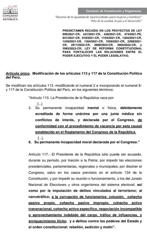 Congreso Modifica Artículo 113 Y 117 De La Constitución Sobre La