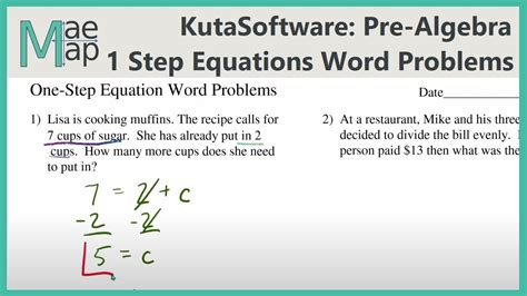 kutasoftware prealgebra one step equations word problems youtube