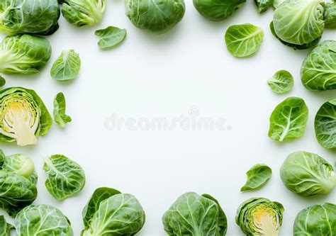 Brussels Sprouts Arranged In A Frame On A White Background With Empty Space In The Center Stock