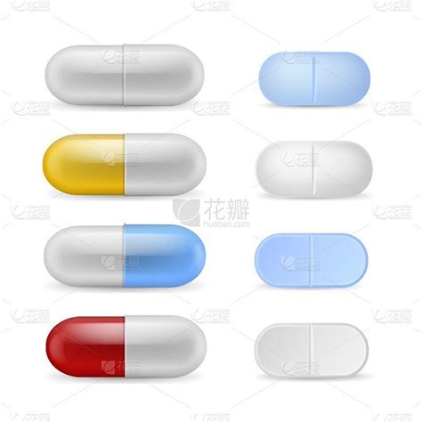 药片现实。药品，片剂，胶囊和药品。抗生素，彩色维生素或止痛药，圆形药理学治疗化学，药学3d元素。向量
