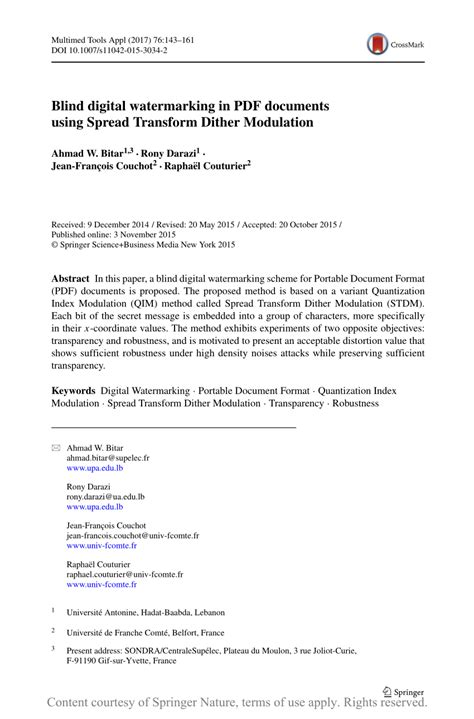Blind Digital Watermarking In Pdf Documents Using Spread Transform Dither Modulation Request Pdf