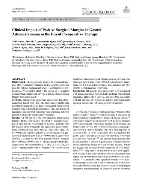 Pdf Clinical Impact Of Positive Surgical Margins In Gastric Adenocarcinoma In The Era Of