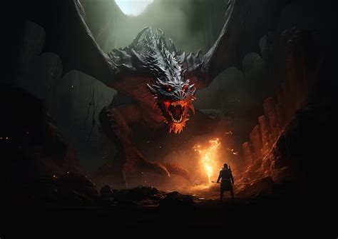 Premium Photo Closeup Person Standing Front Dragon Cavern Action