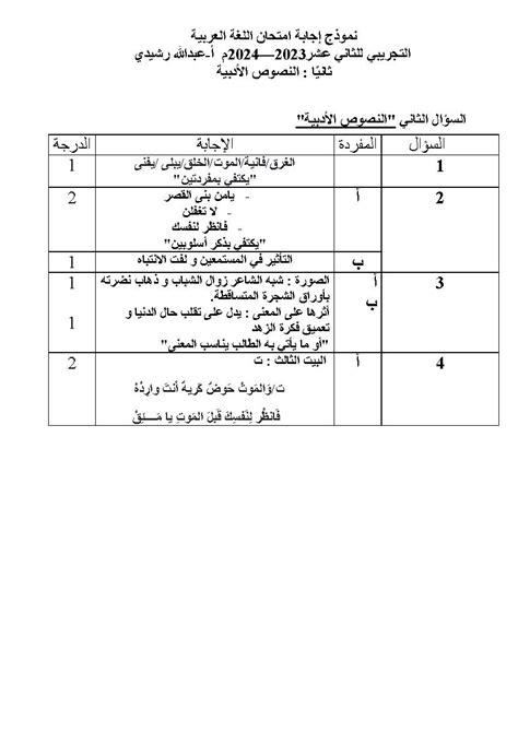 نموذج إجابة الامتحان التجريبي الثالث الحديث الصف الثاني عشر لغة عربية