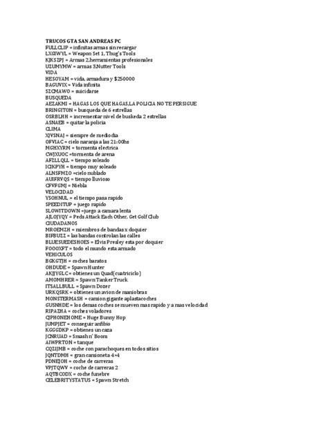 Trucos Gta San Andreas Pc Pdf Archivo De Computadora Conflicto Armado