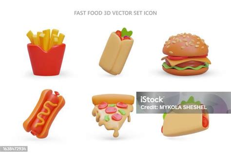 3d 패스트푸드 아이콘 집합입니다 감자튀김 샤와르마 햄버거 핫도그 피자 타코 이미지 3차원 형태에 대한 스톡 벡터 아트 및 기타