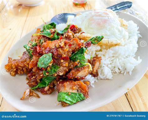 Rice Topped With Crispy Pork Belly With Thai Basil Stock Image Image