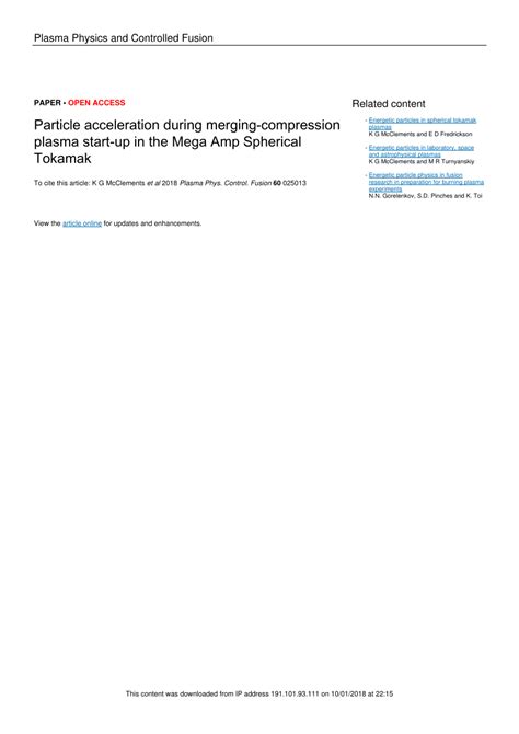 Pdf Particle Acceleration During Merging Compression Plasma Start Up In The Mega Amp Spherical