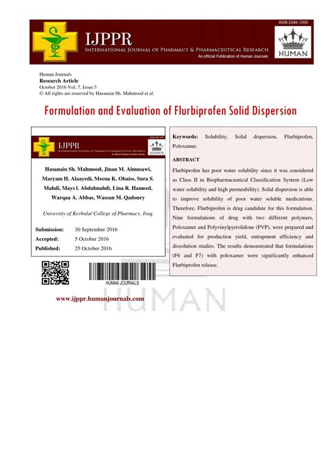 Pdf Formulation And Evaluation Of Flurbiprofen Solid Dispersion