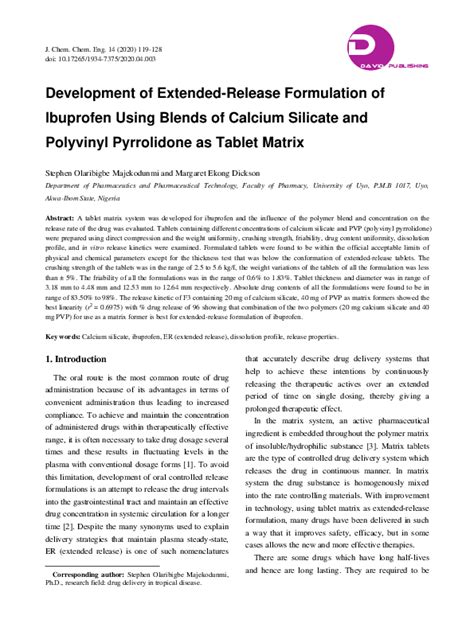 Pdf Development Of Extended Release Formulation Of Ibuprofen Using Blends Of Calcium Silicate