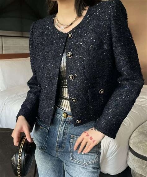 올드머니룩 수입 스팽글 펄 크롭 트위드자켓 에이블리