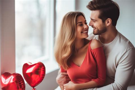 Retrato de una feliz pareja joven con globos rojos en forma de corazón Foto Premium