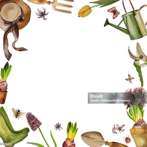 고무 장화 모자 물뿌리개 튤립 삽 나비 히아신스 정원 도구 정원 가꾸기를 테마로 한 작품인 일러스트는 흰색 바탕에 수채화로 그려져 있습니다 0명에 대한 스톡 벡터 아트 및