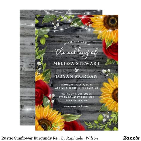 Rustic Sunflower Burgundy Red Rose Wood Wedding Invitation Sunflower