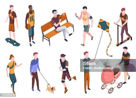 공원 에 있는 사람들 등가시 다른 벡터 문자는 흰색으로 격리되어 설정됩니다 남성과 여성 Vharacters 개와 함께 걷고 스쿠터와 스케이트 보드를 타고 공원에서 벤치에