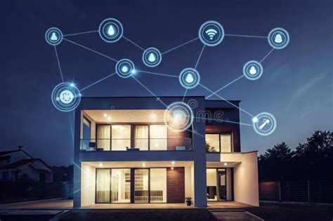 Smart Home Network Showing Connected Devices Illuminated At Night