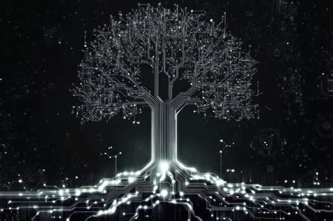 artificial intelligence tree with glowing circuits symbolizing technology and nature synergy in