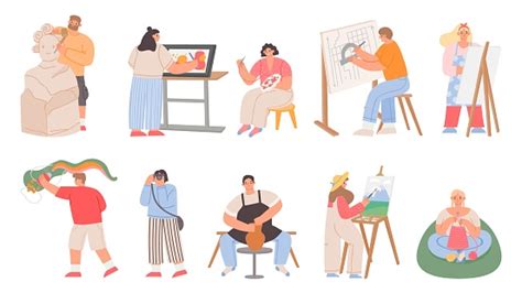 평평한 예술가 사람들 화가 조각가 사진작가 및 건축가 예술 공예 직업 활동 또는 취미 여성 스티치 및 니트 벡터 세트 조각가에