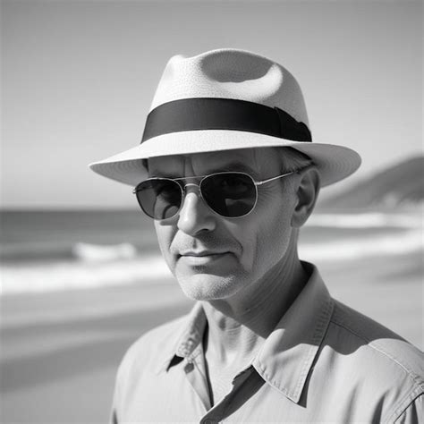 A Man Wearing A Hat And Sunglasses Stands On The Beach Premium Ai