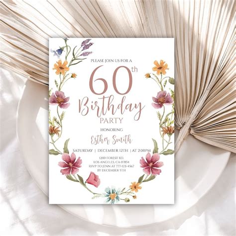 60th Birthday Invitation Birthday Invitations Wildflower Birthday