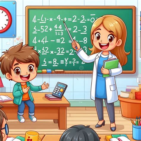 Cheerful Cartoon Teacher Conducting A Math Lesson In A Colorful Classroom Stock Illustration