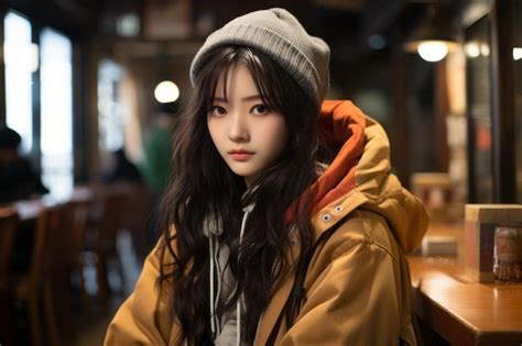 An Asian Girl Wearing A Beanie And Jacket Sitting At A Table Premium