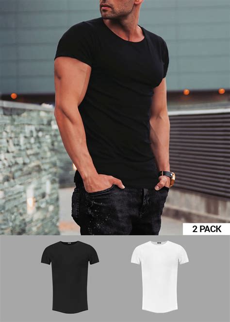 2 Pack Black And White Mens Plain Round Neck T Shirt Longline Rb