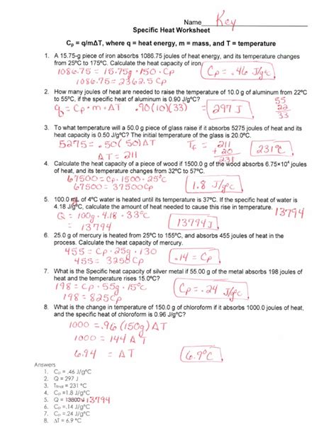 specific heat problems answer key pdf