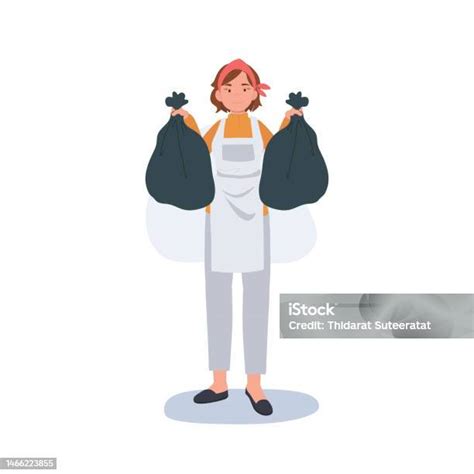 전문 클리너 사람들 가사도우미로 일하는 레이디의 캐릭터는 양손에 쓰레기 봉투를 들고 있습니다 평면 벡터 그림 가방에 대한 스톡 벡터 아트 및 기타 이미지 Istock