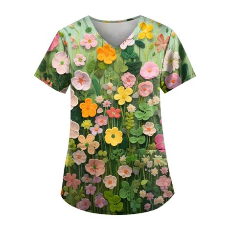 Susanny Scrub Tops Women Floral Print Short Sleeve With Pockets Scrubs