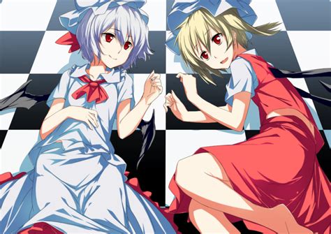 Safebooru 2girls Bat Wings Blonde Hair Flandre Scarlet Hat Hat Ribbon