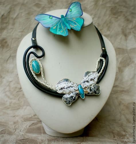 Колье с бабочкой из цветочного агата и бирюзы ,62 | Leather jewelry ...