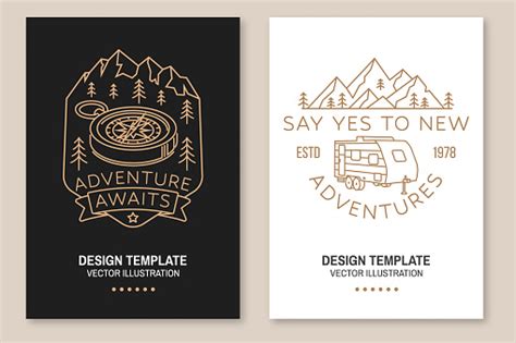 모험이 기다리고 있습니다 새로운 모험에 예라고 말하십시오 살고 사랑하고 캠프 캠핑 인용문 벡터 라인 아트 전단지 브로셔 배너 3d 나침반이있는 포스터 디자인 캠핑카 트레일러