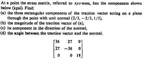 Solved At A Point The Stress Matrix Referred To Xyz Axes