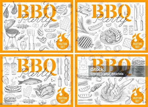 세트 Bbq 바베 큐 그릴 포스터 요소 구운 음식 소시지 치킨 감자 튀김 스테이크 물고기 바베 큐 바 야채 파티 환영 합니다 드로잉에 대한 스톡 벡터 아트 및 기타 이미지