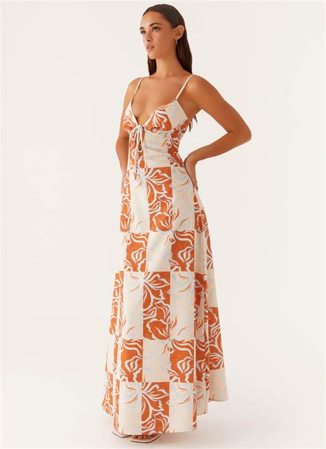 Flora Linen Maxi Dress Orange Blue Floral Peppermayo