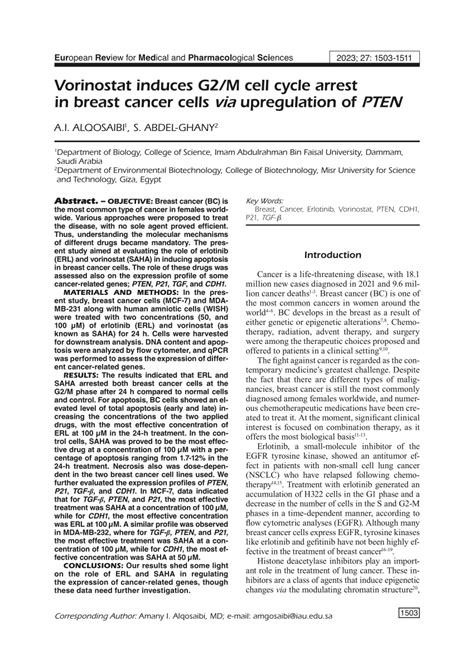Pdf Vorinostat Induces G2m Cell Cycle Arrest In Breast Cancer Cells