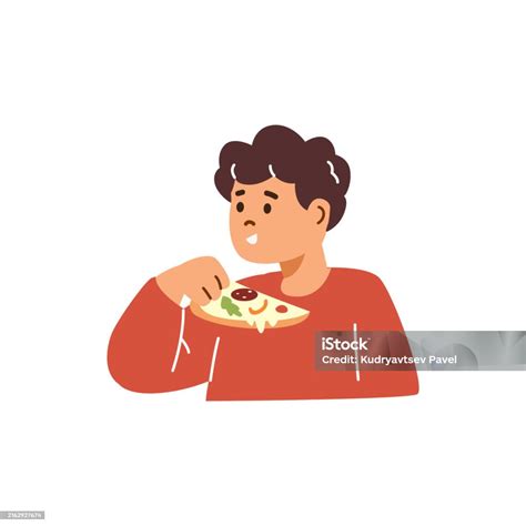 귀여운 소년 먹는 피자 식욕을 물고 배고픈 아이 캐릭터 모짜렐라 피자 패스트 푸드 스낵 벡터 일러스트 레이 션 건강에 좋지 않은