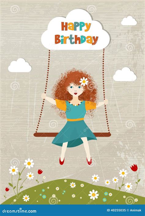 Little Curly Redhead Girl On A Swing Stock Vector Illustration Of