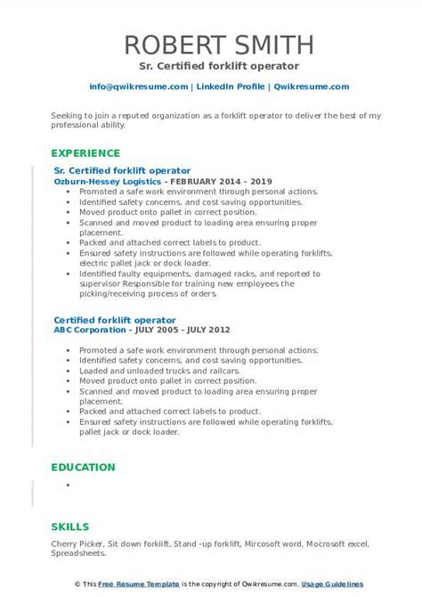 Certified Forklift Operator Resume Samples QwikResume