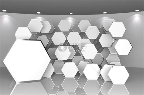 带有空房间曲线颜色白墙和六边形框显示插画图片下载 正版图片 摄图网