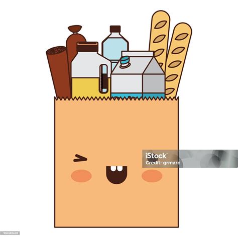 식품 소시지 빵과 음료 주스와 물 한 병 우유 판지 화려한 실루엣 귀여운 사각형 종이 가방 가방에 대한 스톡 벡터 아트 및 기타