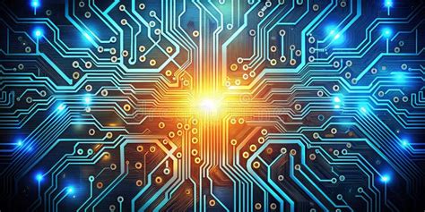 circuit board abstract glowing blue and orange pathways with central