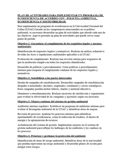 Plan De Actividades Para Implementar Un Programa De Ecoeficiencia