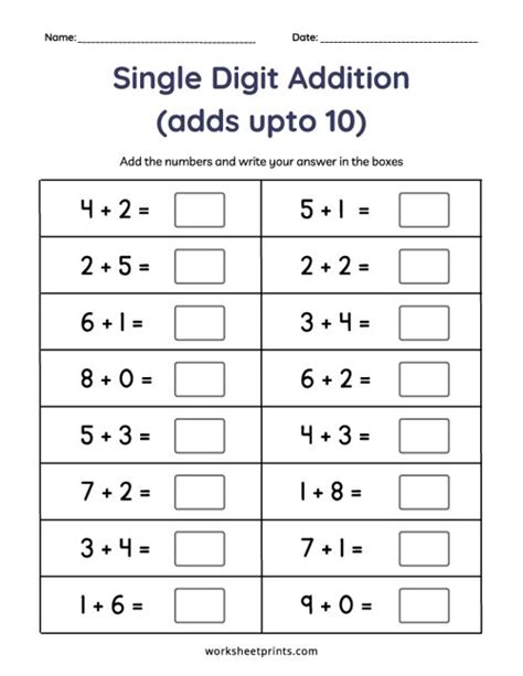 Printable Add Single Digit Numbers Adds Upto 10 Worksheet
