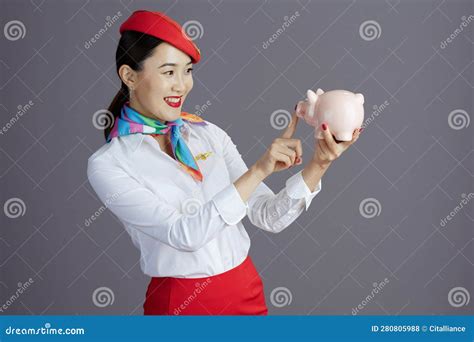 Happy Stylish Asian Female Flight Attendant Isolated On Gray Stock