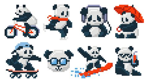 픽셀 아트 귀여운 팬더 레트로 8bit 팬더 베어 마스코트 타기 자전거와 스케이트 보드 아이스 스케이팅과 서핑 우산과 차가운