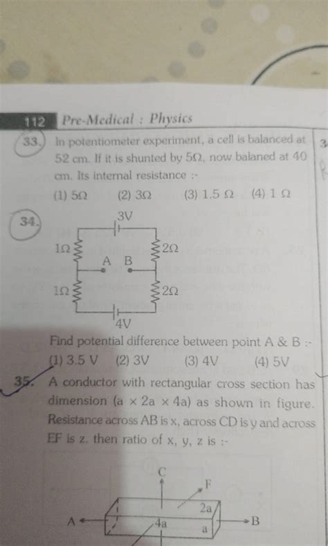 112 Pre Medical Physics 33 In Potentiometer Experiment A Cell Is Ba
